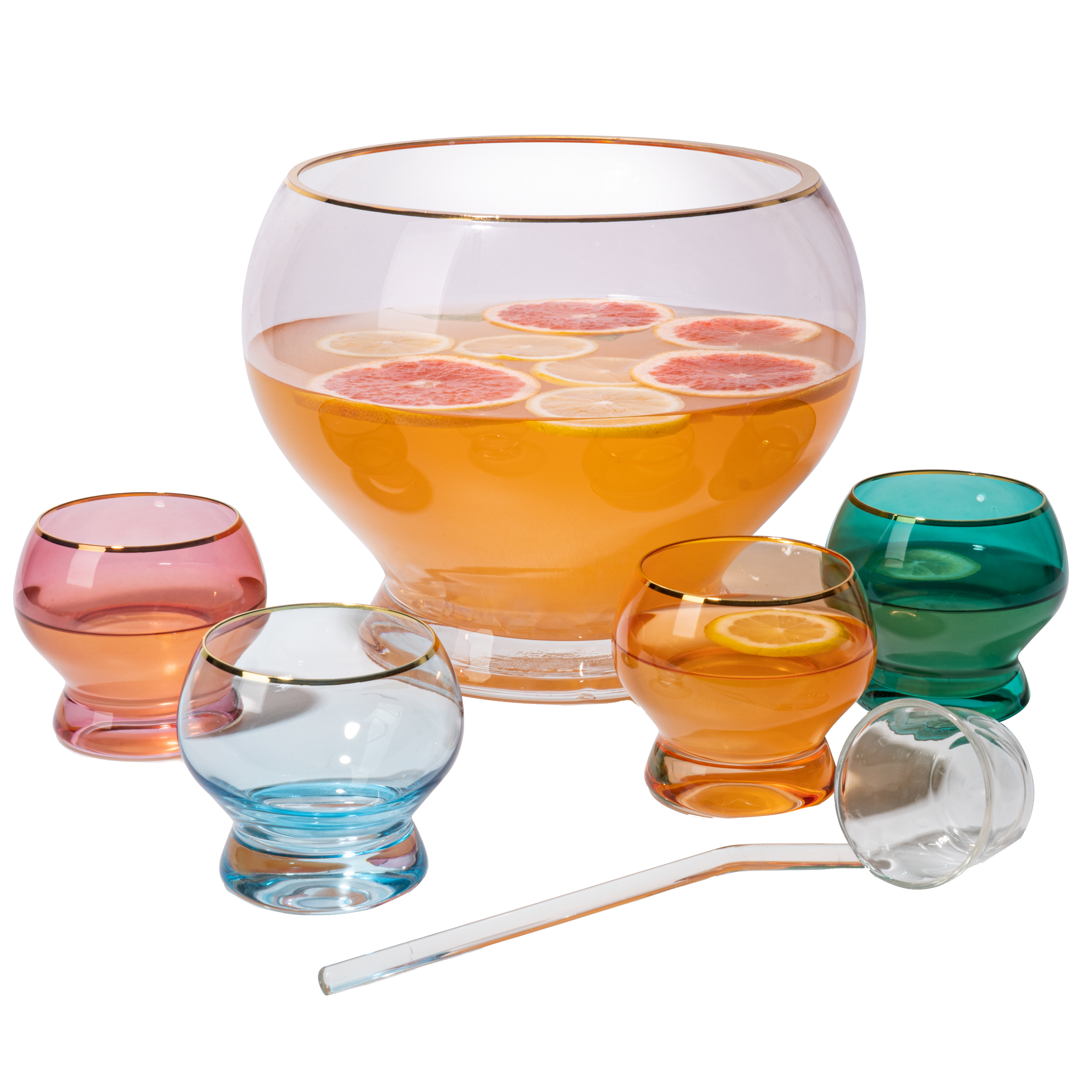 Vibes Colorful 1.7 Gallon Punch Bowl with 4 10oz Glasses Set with Ladl